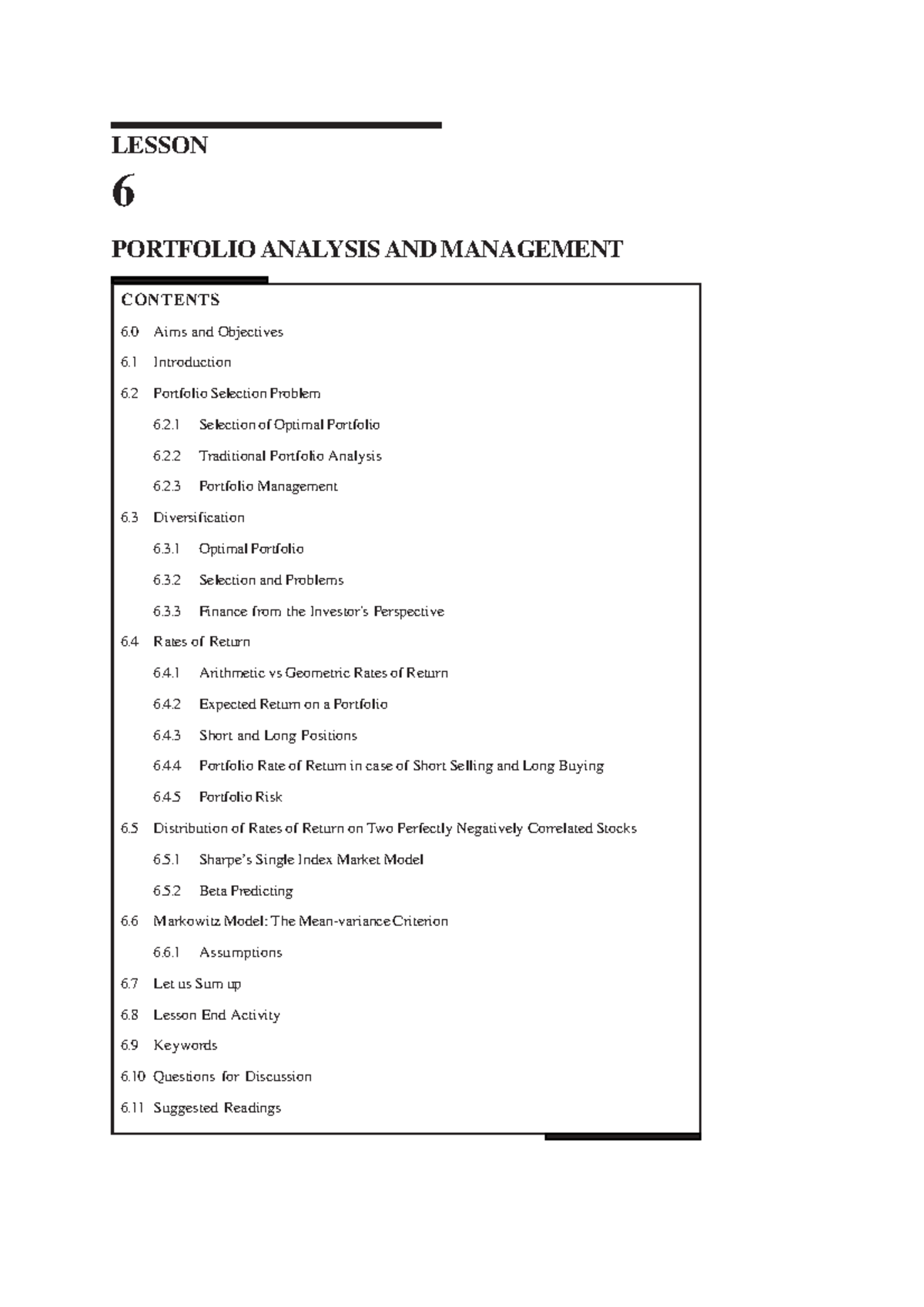 Lesson 06 - 6th - LESSON 6 PORTFOLIO ANALYSIS AND MANAGEMENT CONTENTS 6 ...