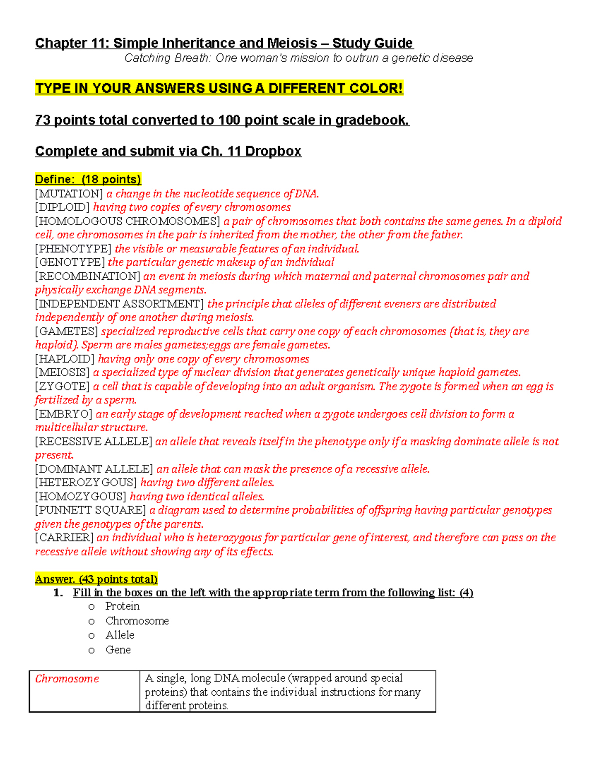 Ch. 11 Study Guide - N/A - Chapter 11: Simple Inheritance and Meiosis – Study Guide Catching ...