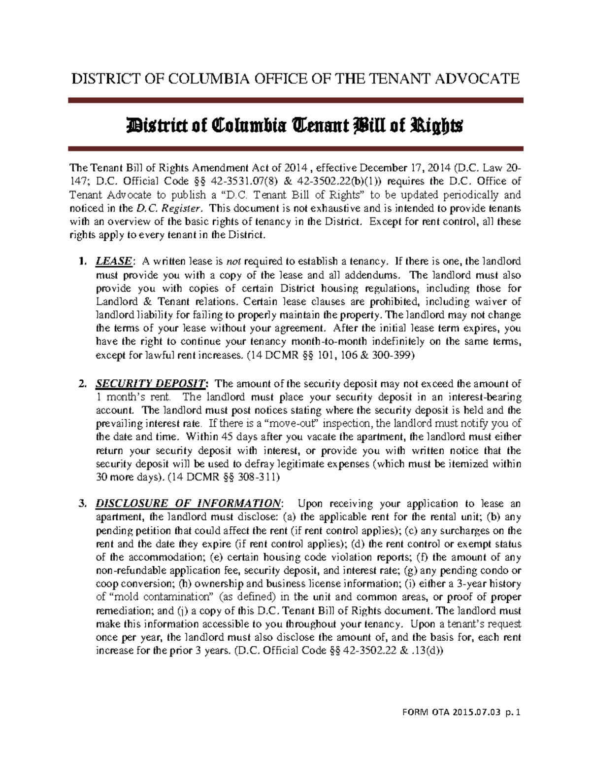 DC Tenant Bill of Rights - DISTRICT OF COLUMBIA OFFICE OF THE TENANT ...