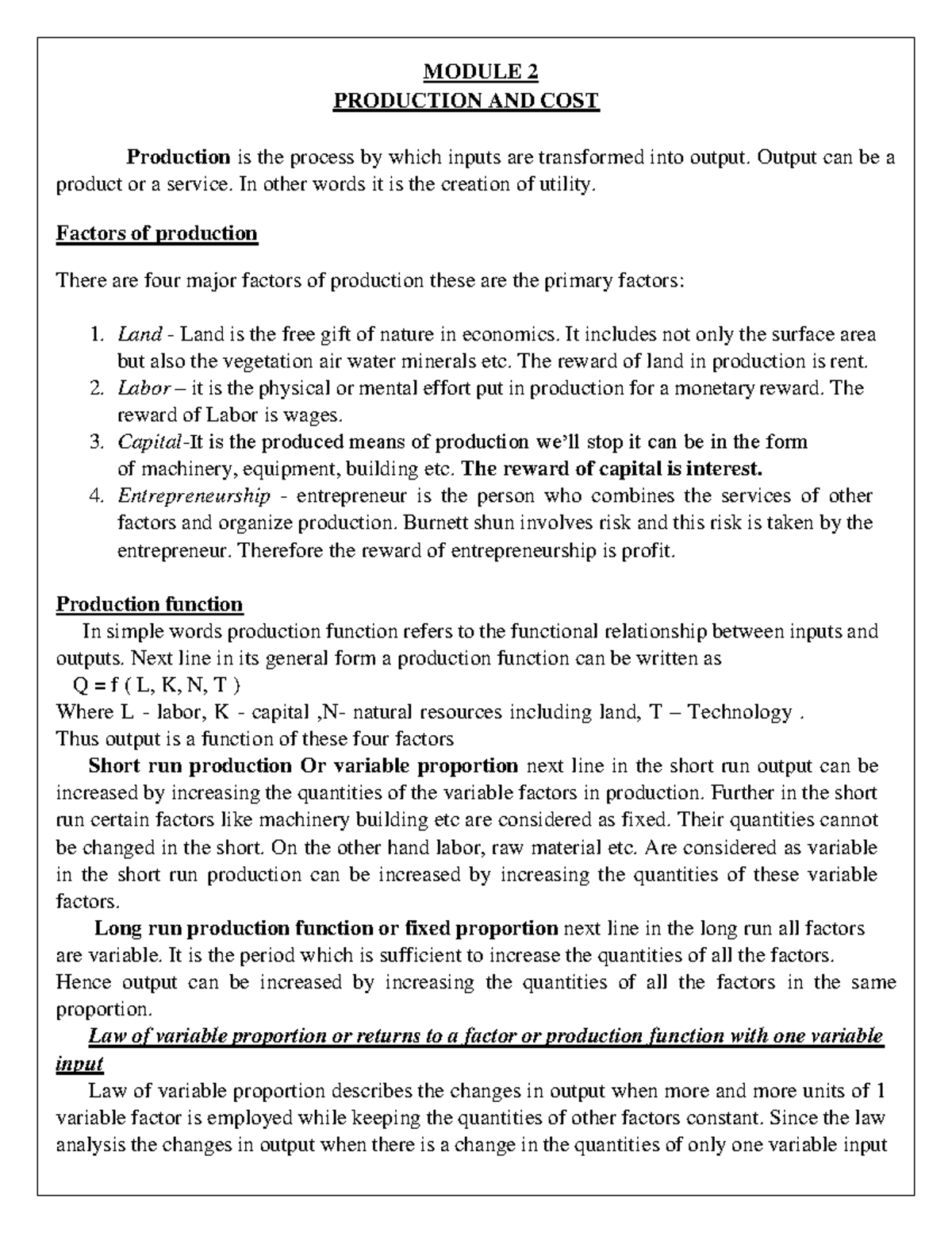 Module 2 IEFT Notes - production and cost - MODULE 2 PRODUCTION AND ...