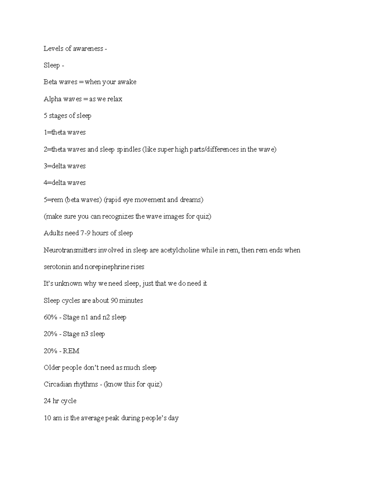 Psych - Feb 15 - Notes - Levels of awareness - Sleep - Beta waves ...
