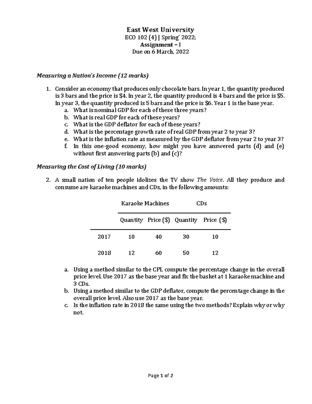 Eco 102 Assignment I Page 1 Of 2 East West University Eco 102 4