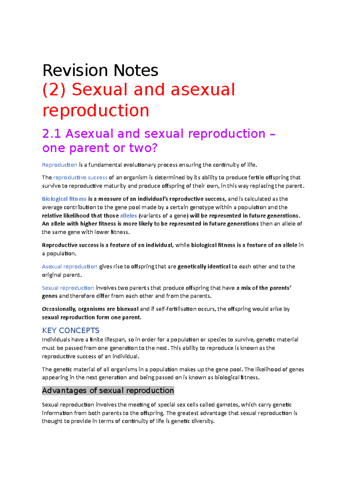 Biology - Revision Notes (2) Sexual and asexual reproduction 2 Asexual ...