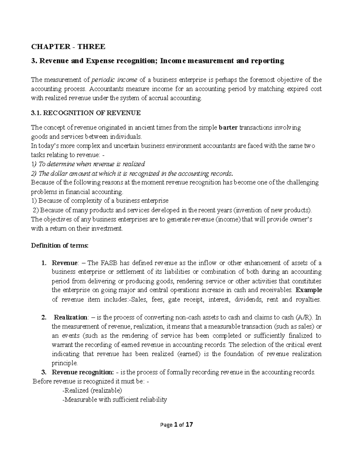 IFA Chapter 3 - CHAPTER - THREE 3. Revenue and Expense recognition; Income measurement and ...