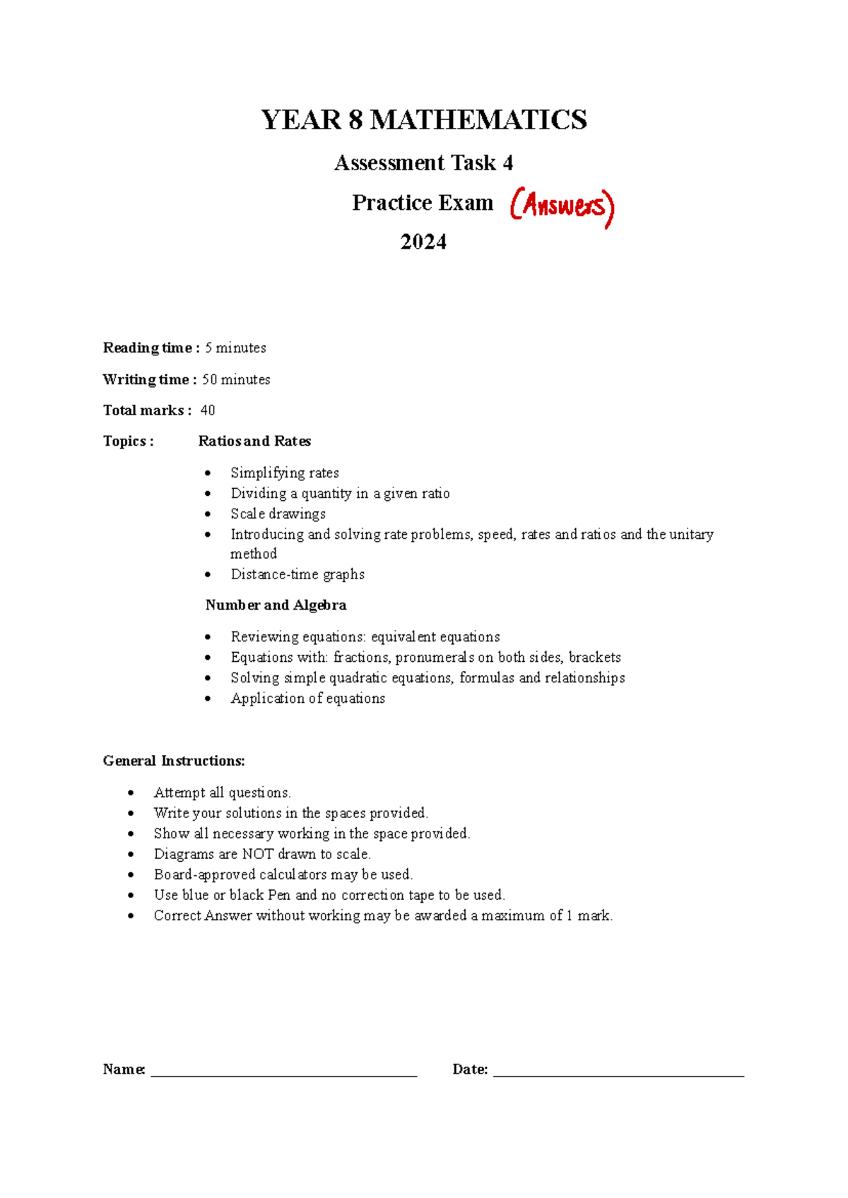Year 8 Math Practice Test - Ratios and Equations (Answers) - YEAR 8 ...