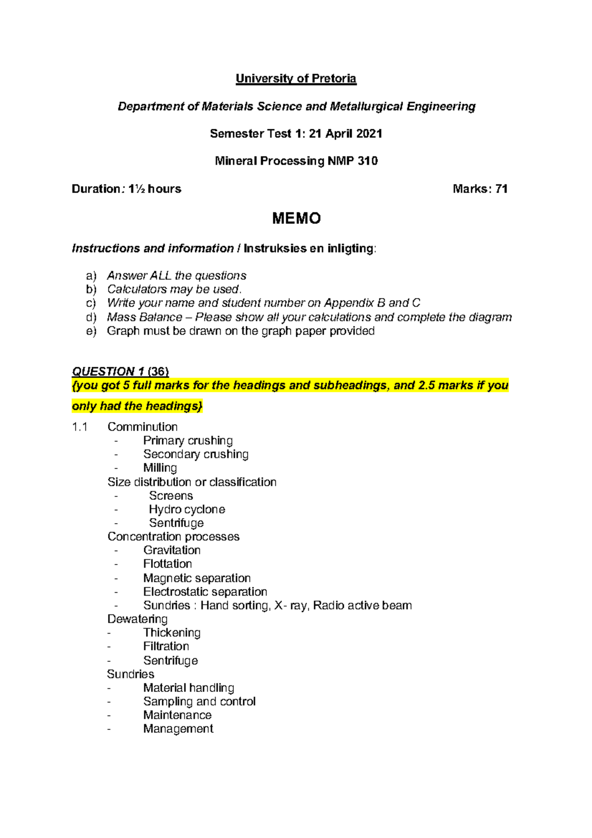 ST1 2021 Memo - University of Pretoria Department of Materials Science ...