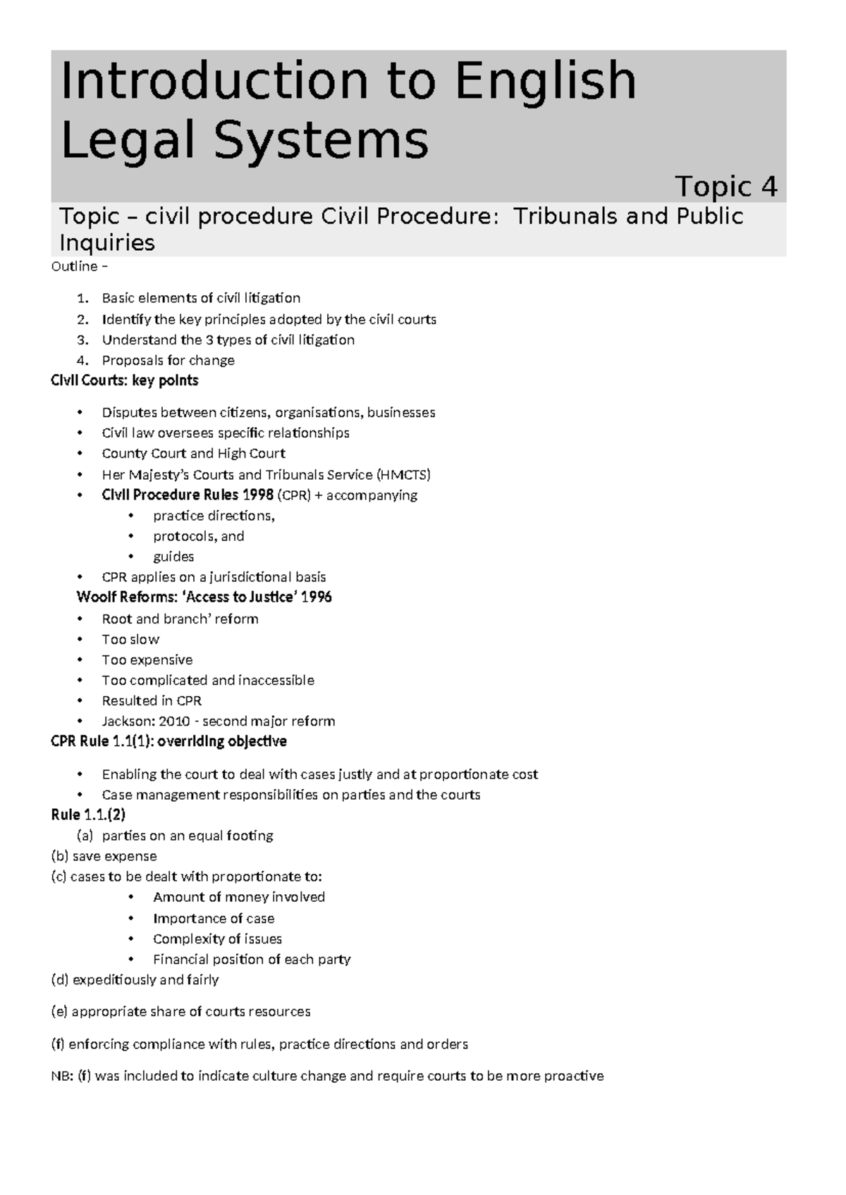 Introduction to English Legal Systems civil procedure Civil Procedure ...