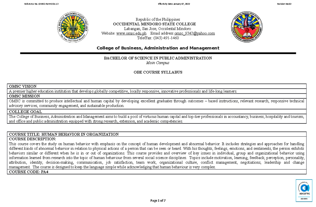 Syllabus in Human Behavior in Organization - Republic of the ...