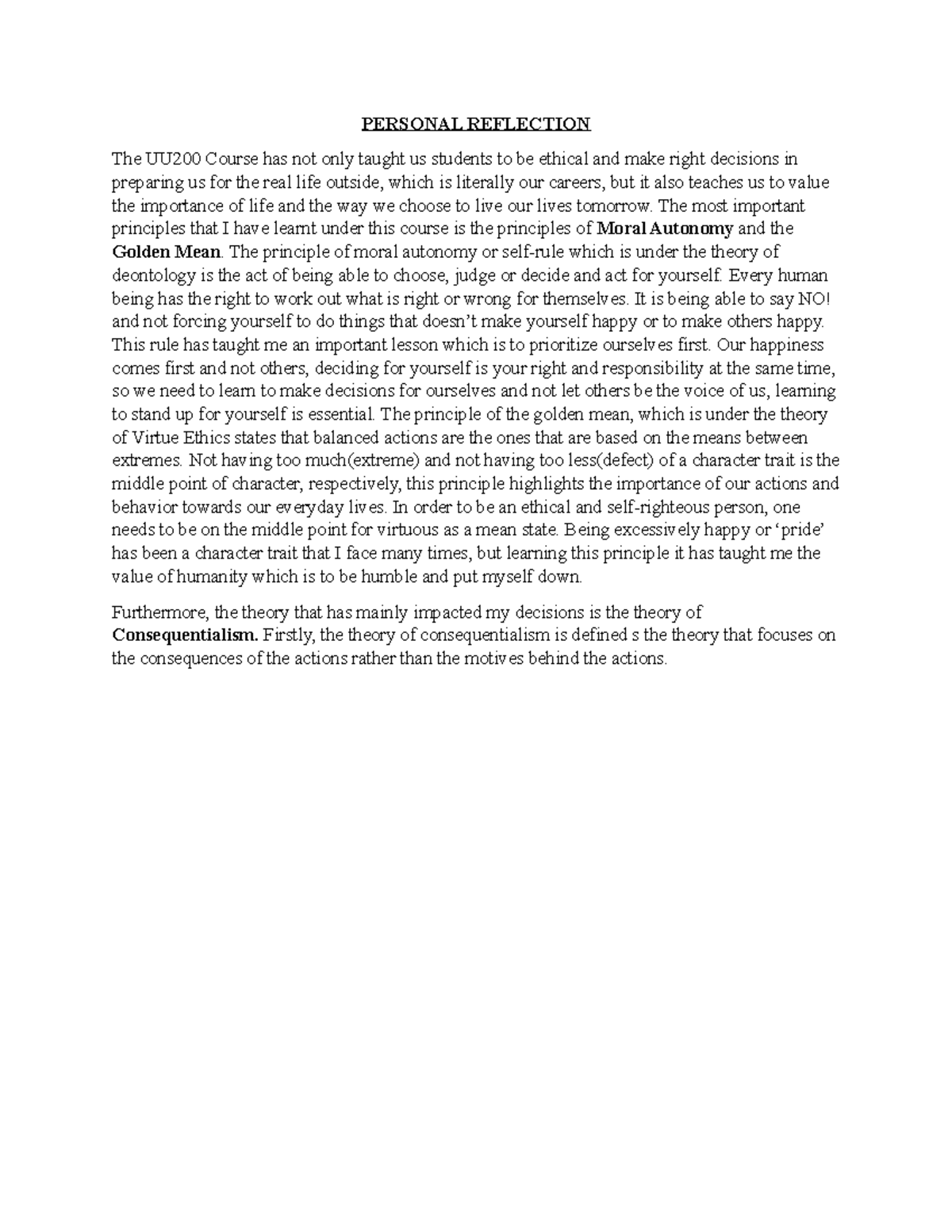 Personal Reflection - PERSONAL REFLECTION The UU200 Course has not only ...