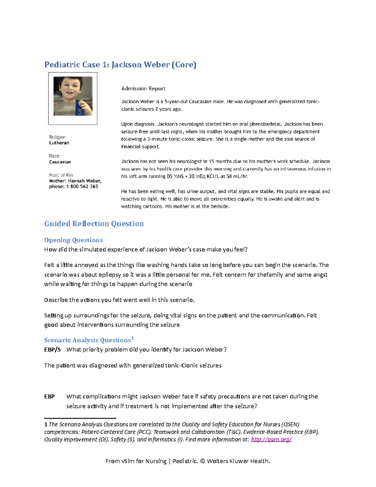 Jackson Weber Guided Reflection - Pediatric Case 1: Jackson Weber (Core ...