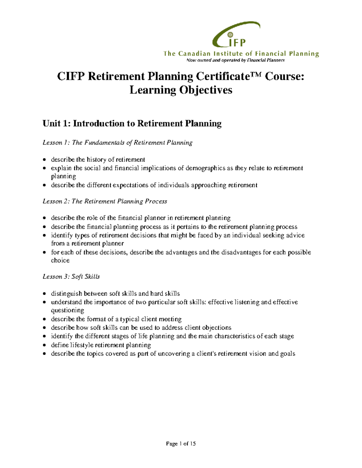 RPC Course Learning Objectives - CIFP Retirement Planning Certificate ...