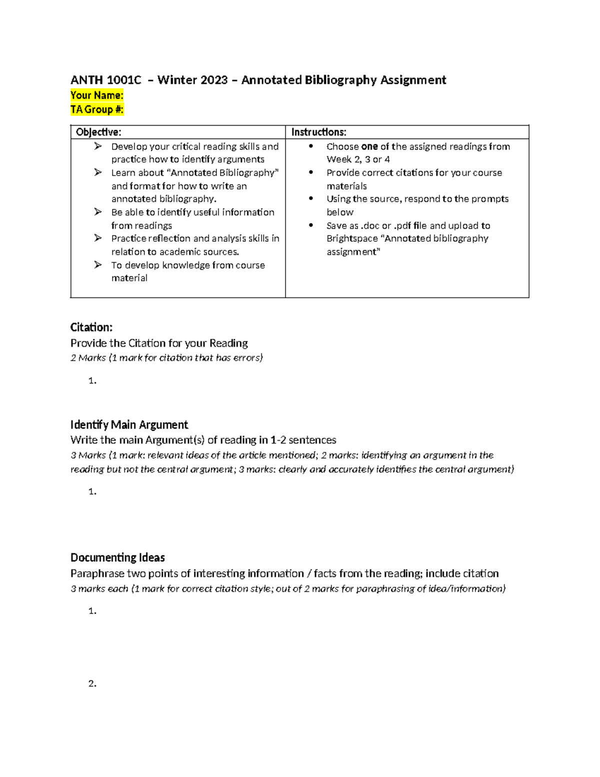 ANTH 1001 C - Annotated Bibliography Assignment - ANTH 1001C – Winter ...