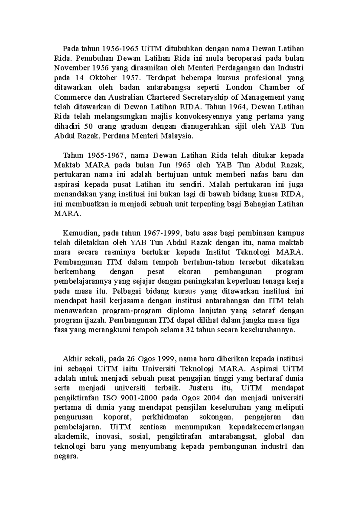 SEJARAH PENUBUHAN UITM [DEWAN LATEHAN RIDA 1956 TILL BECOME BE UITM ...