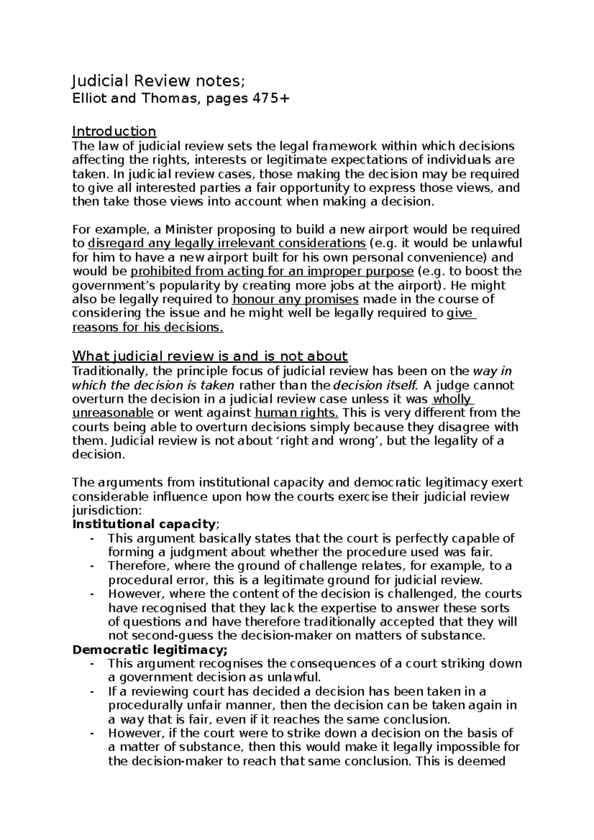 Judicial Review textbook notes - Judicial Review notes; Elliot and ...