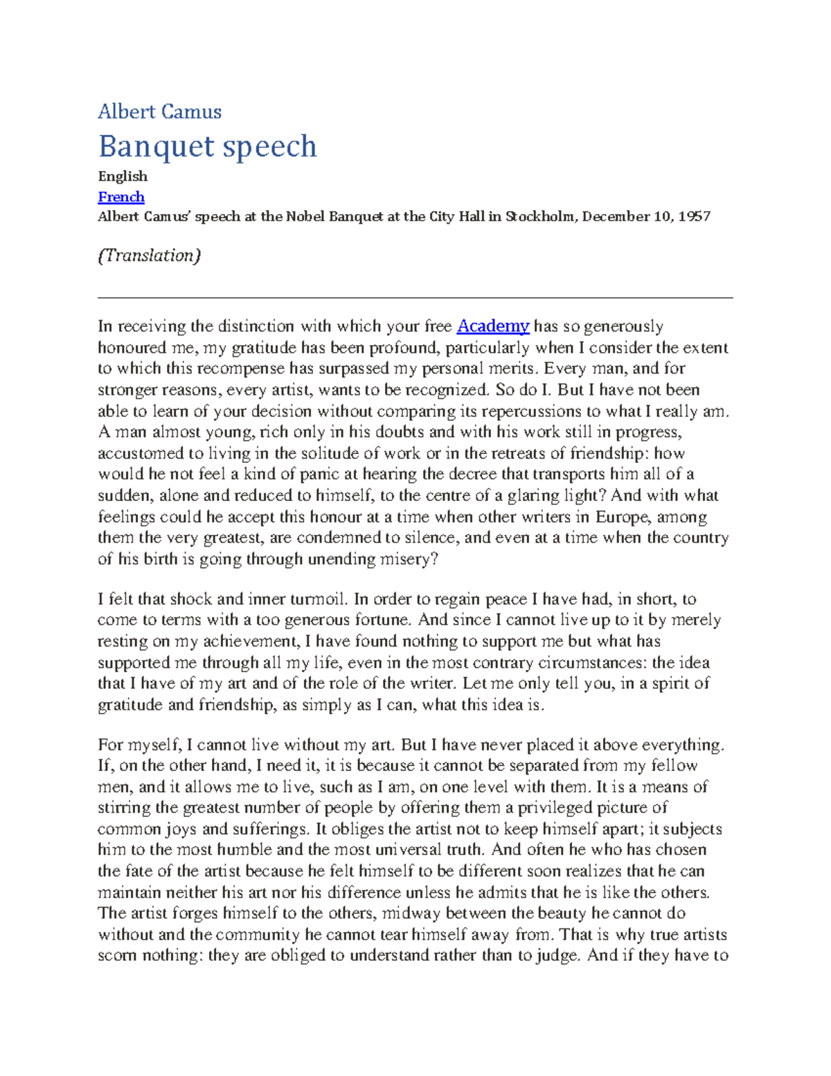 Banquet speech-Albert Camus - Albert Camus Banquet speech English ...