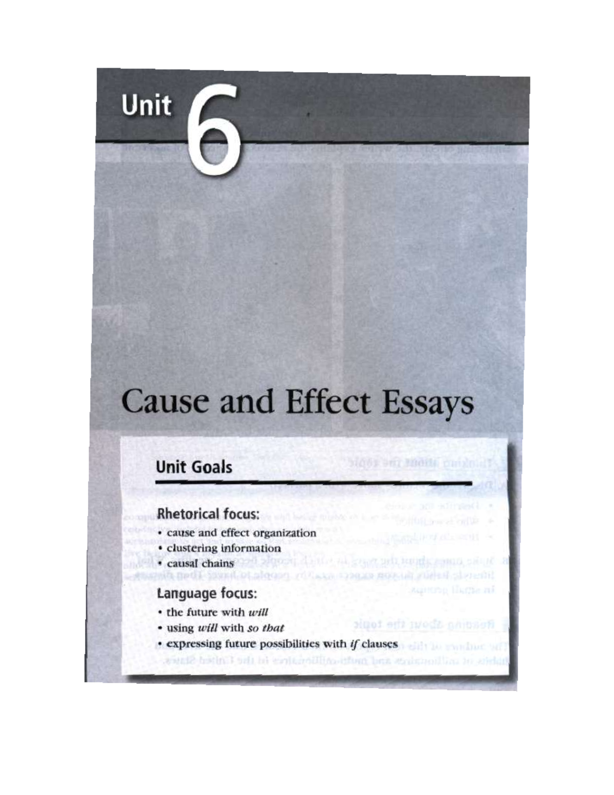 Effective Academic Writing 2 PART 2 - Unit Cause and Effect Essays Unit Goals Rhetorical focus ...