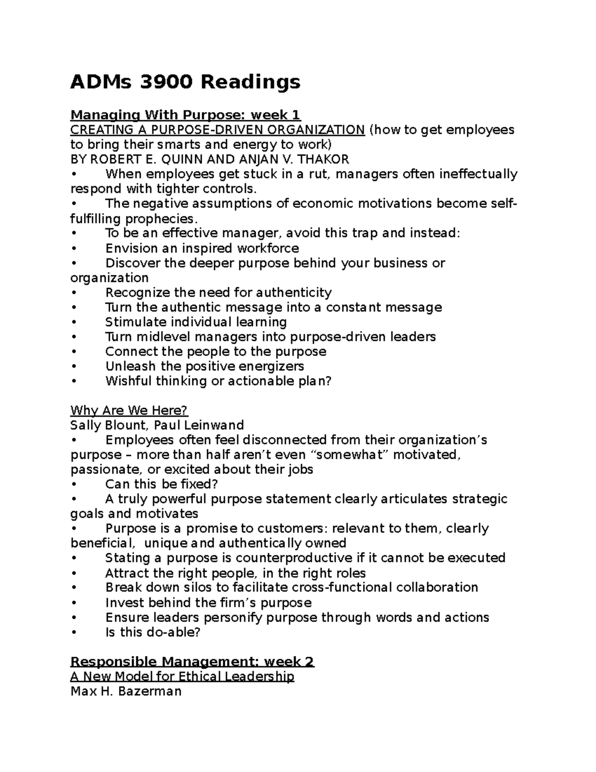 ADMs 3900 Readings - reading notes - ADMs 3900 Readings Managing With ...