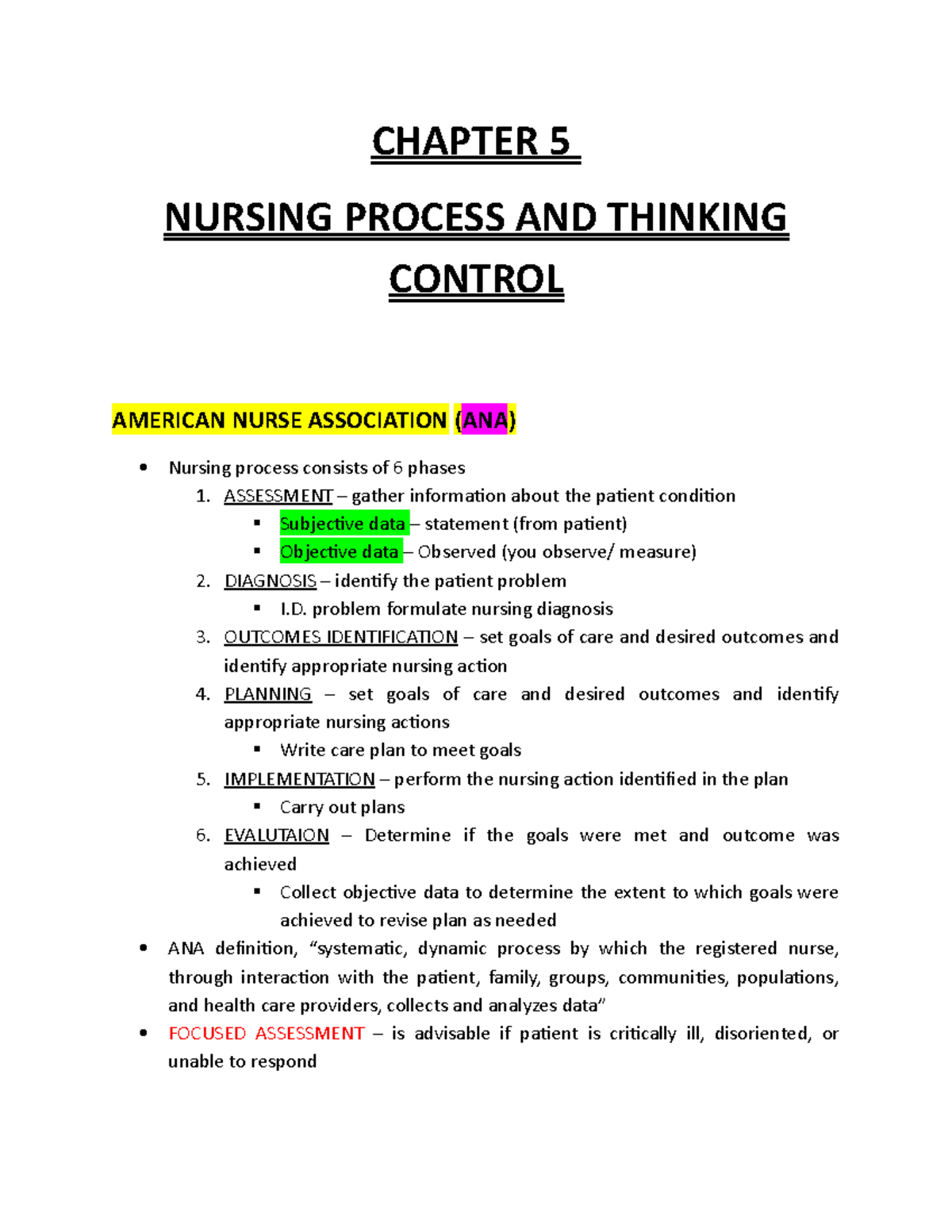 Chapter 5 - Nursing Process AND Thinking Control - CHAPTER 5 NURSING ...