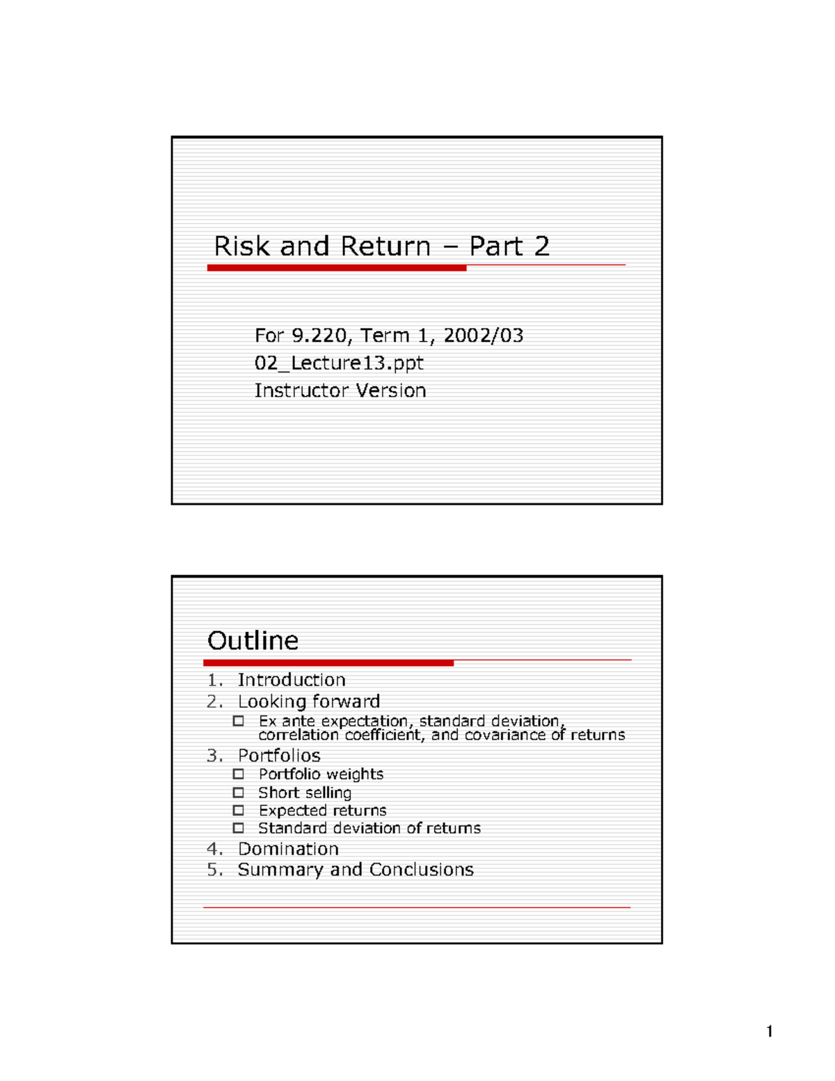02 lecture 13 - Risk and Return – Part 2 For 9, Term 1, 2002/ 02 ...