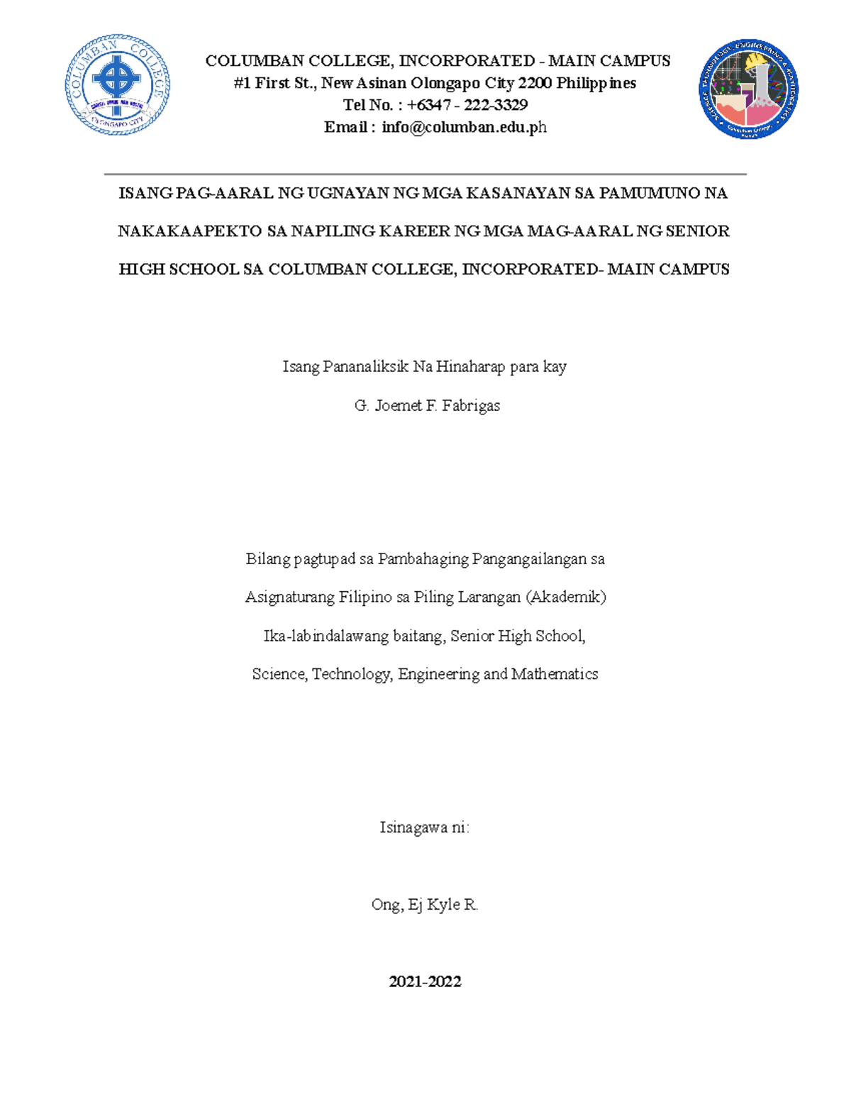 Filipino Research Paper - #1 First St., New Asinan Olongapo City 2200 ...