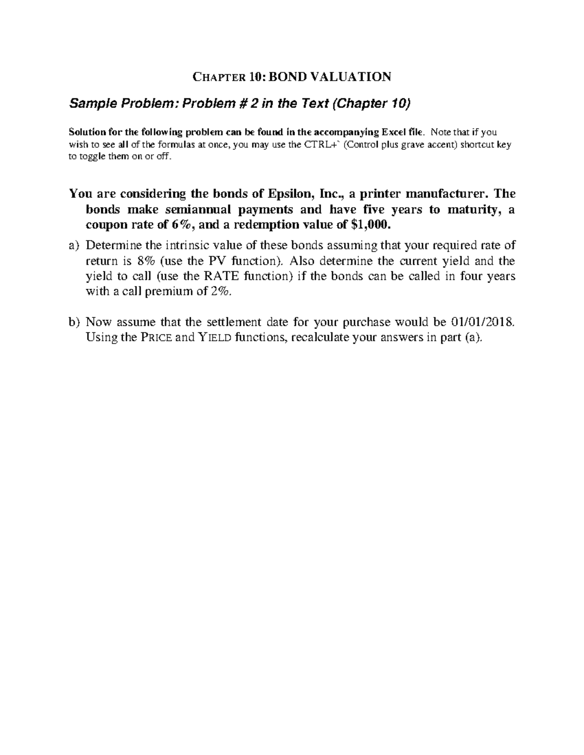 2- Sample Problem CH 10 - Review - CHAPTER 10: BOND VALUATION Sample Problem: Problem # 2 in the ...