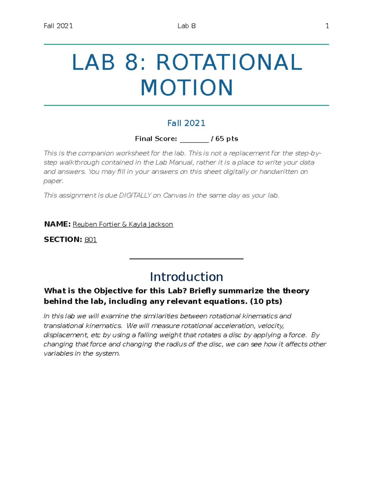 Fall 2021 Lab 8: Rotational Motion - Studocu