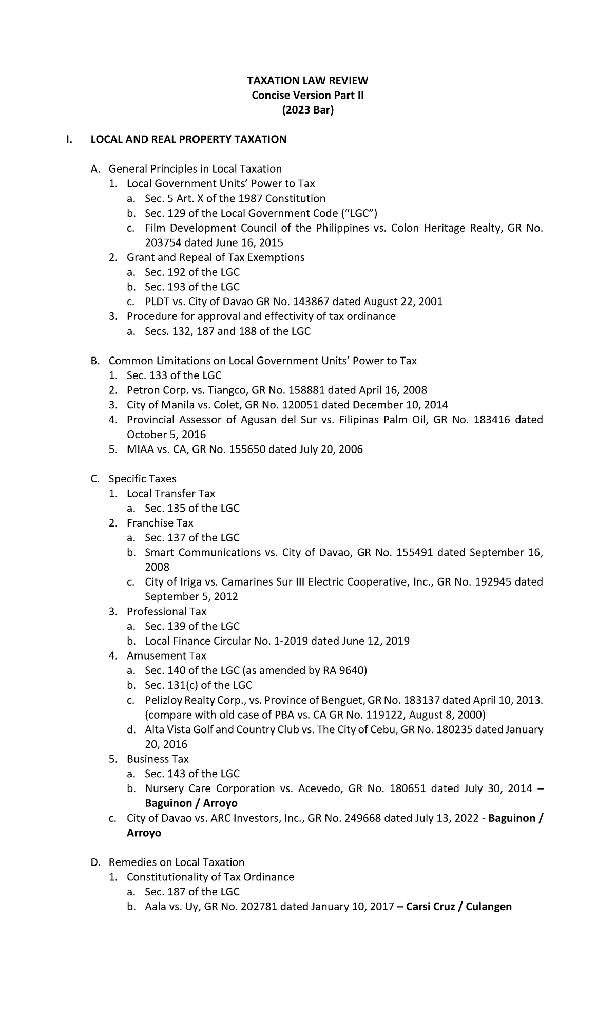 Local and RPT assigned cases Wednesday Class 12 - TAXATION LAW REVIEW ...