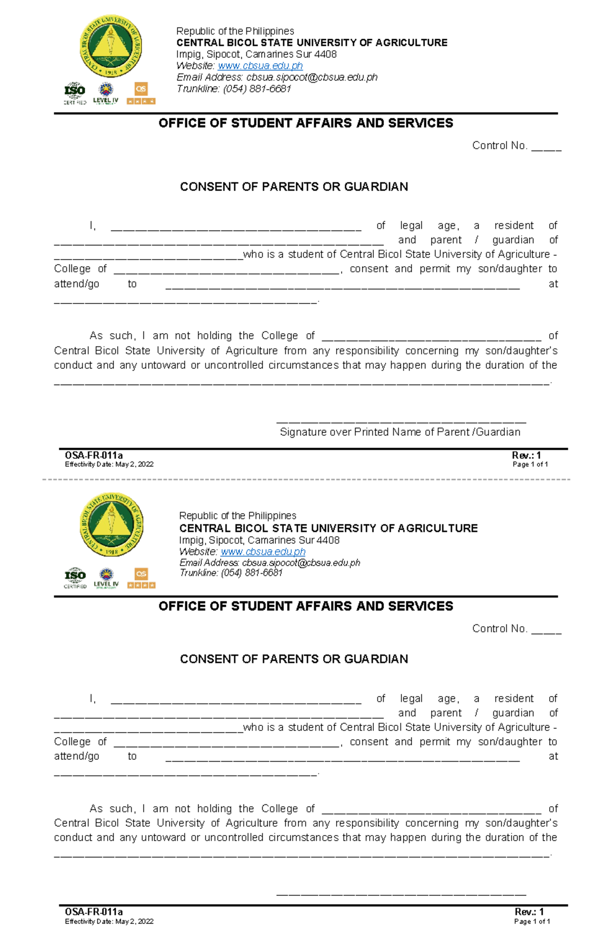 011a Parent Consentstudent Org - Republic of the Philippines CENTRAL BICOL STATE UNIVERSITY OF ...