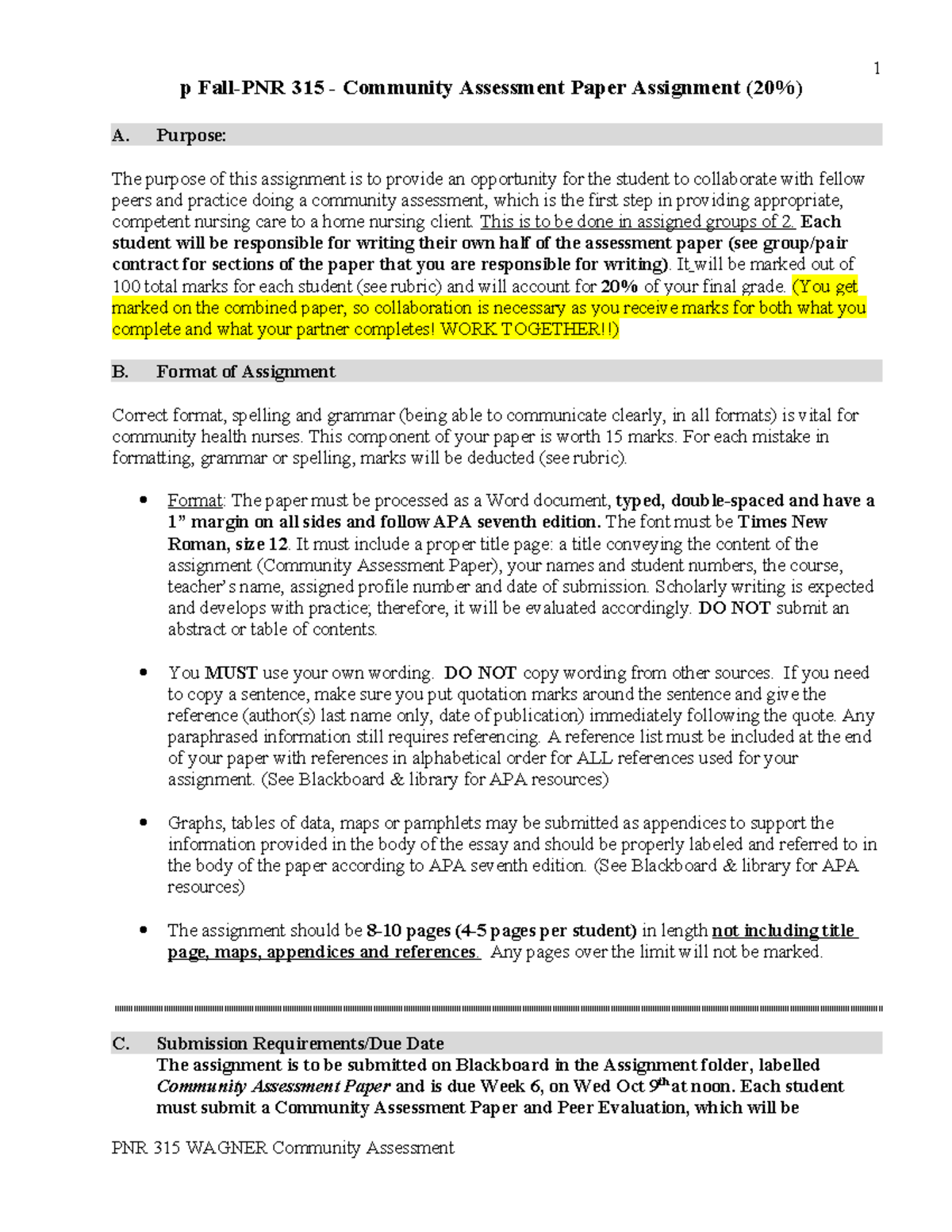 Final Assignment rubric - p Fall-PNR 315 - Community Assessment Paper Assignment (20%) A ...