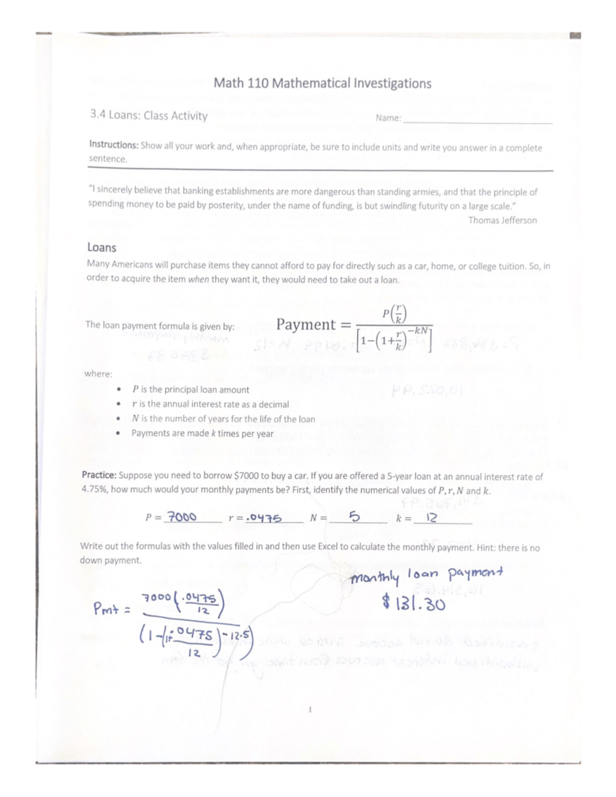Dunlap A3 - Loan calculations - MATH 110 - Studocu