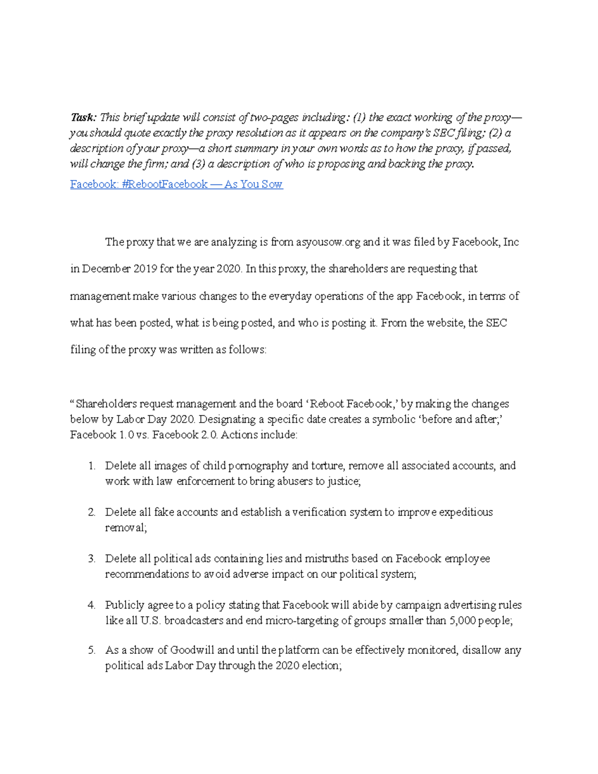 Proxy Paper #1 on Facebook - Task: This brief update will consist of ...