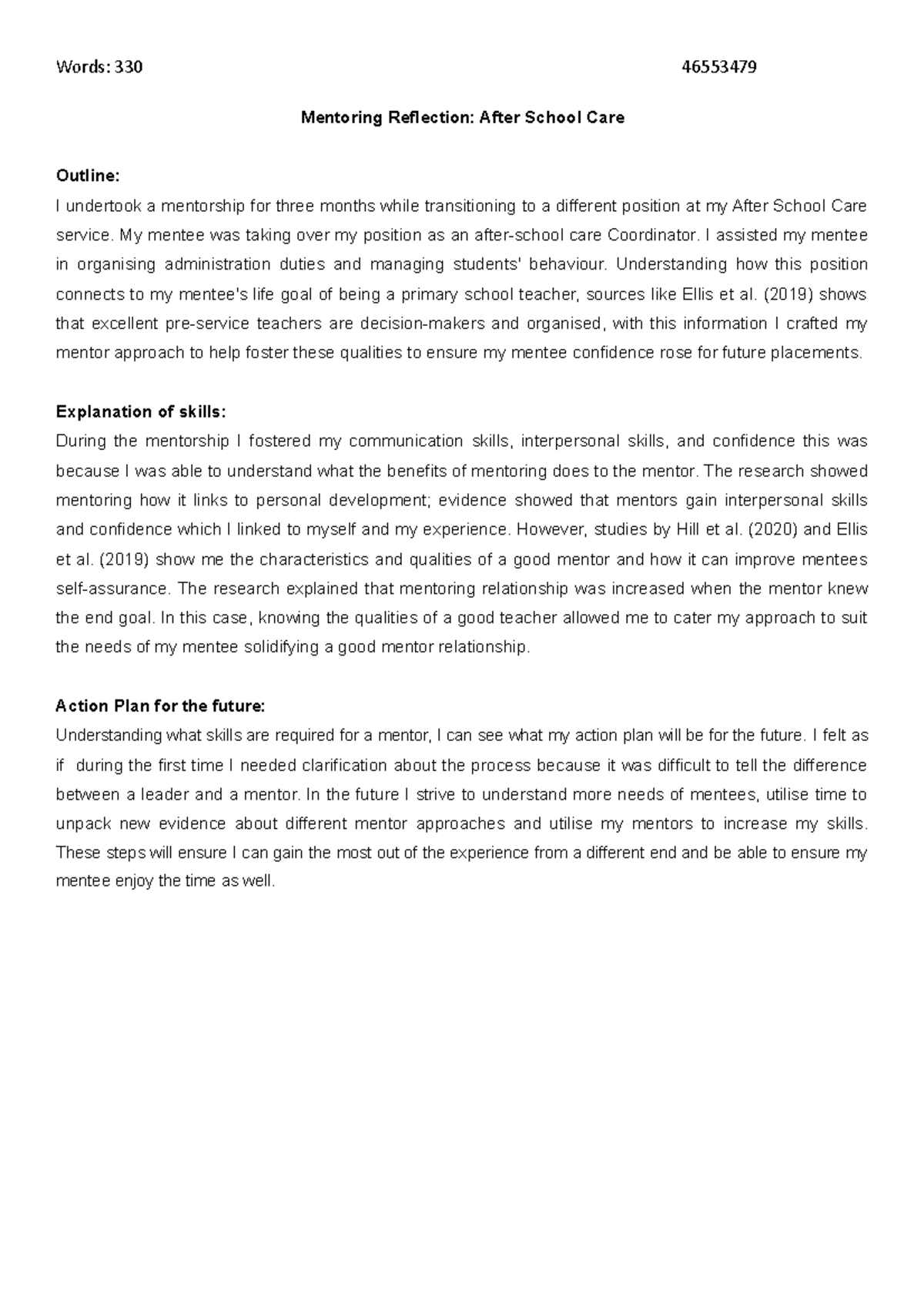 Mentoring Reflection - Words: 330 46553479 Mentoring Reflection: After ...