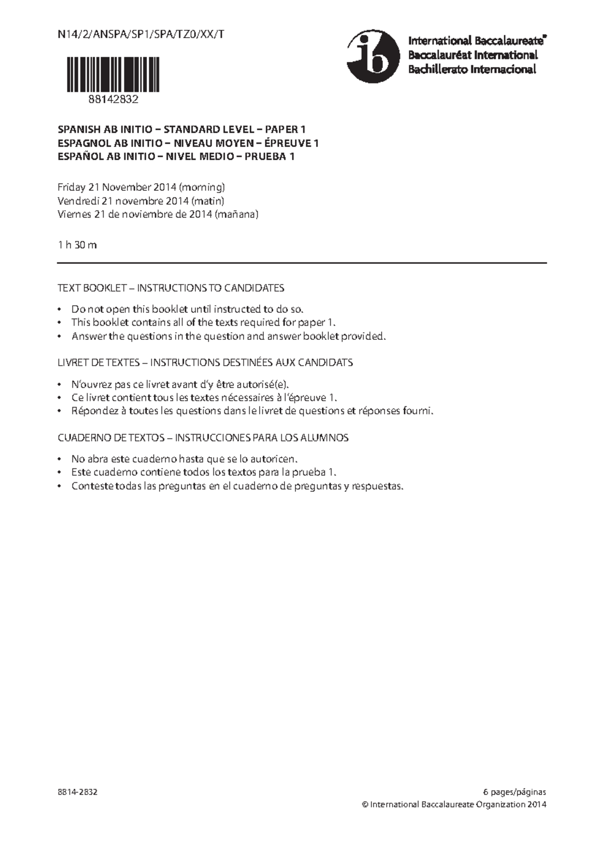 Spanish ab initio paper 1 text booklet sl spanish - 8814-2832 6 pages ...