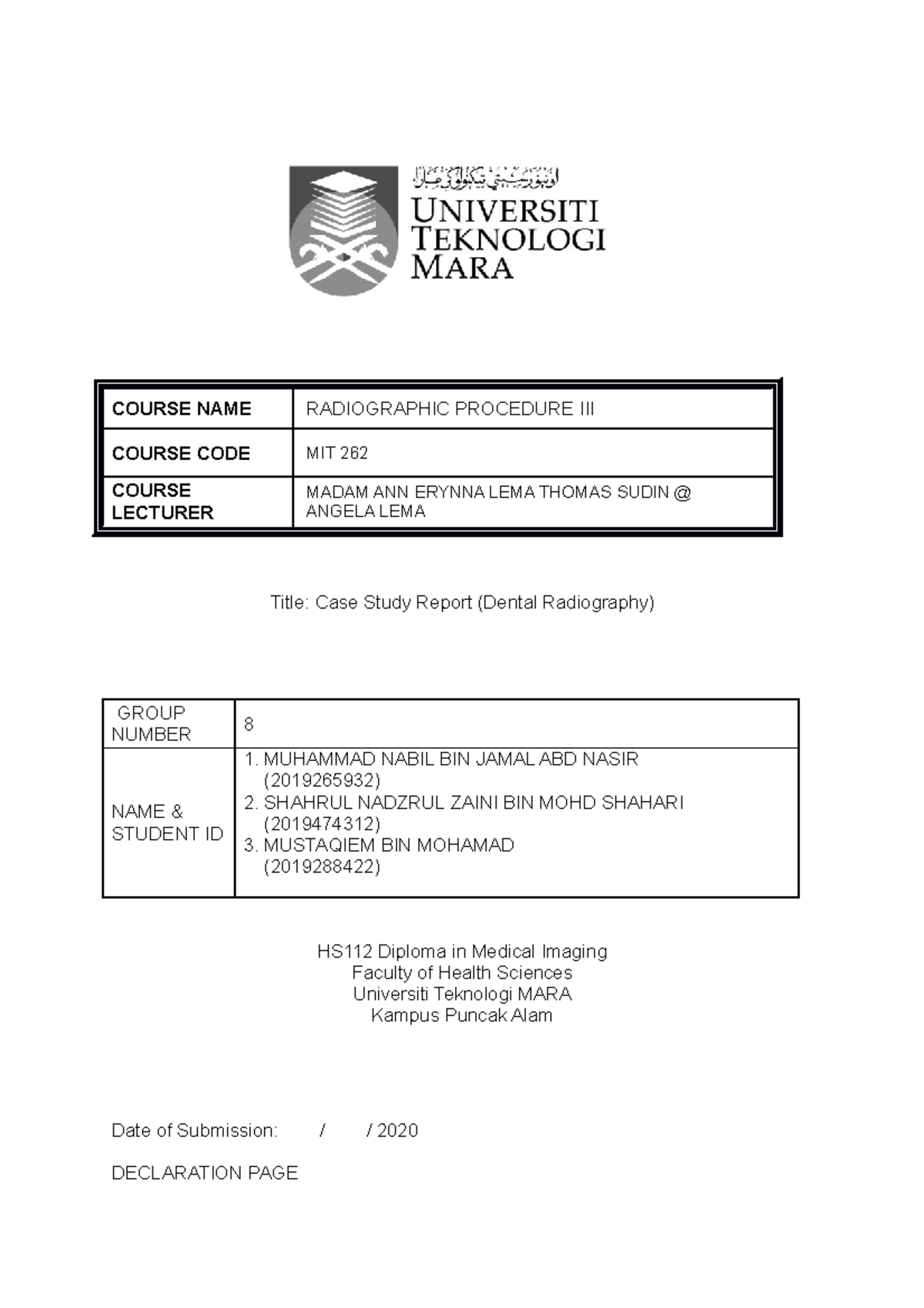 Dental Radiography Case Study - COURSE NAME RADIOGRAPHIC PROCEDURE III ...