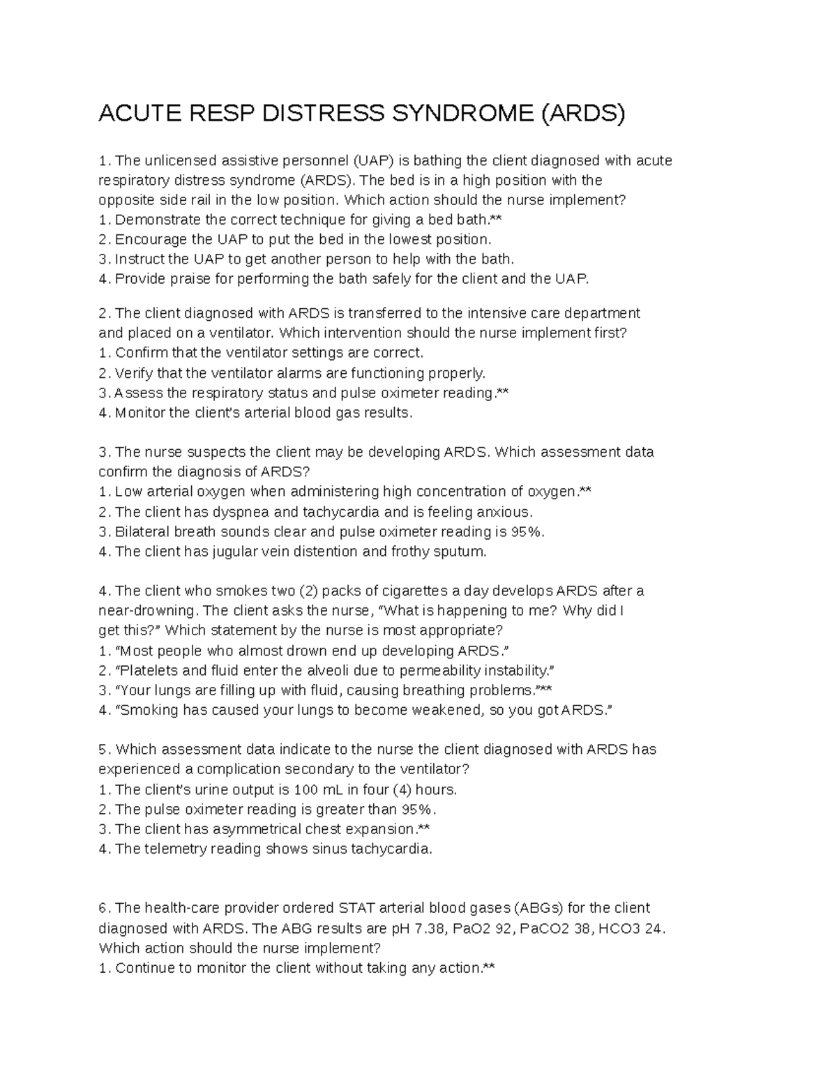 ARDS Practice Questions - ACUTE RESP DISTRESS SYNDROME (ARDS) The ...