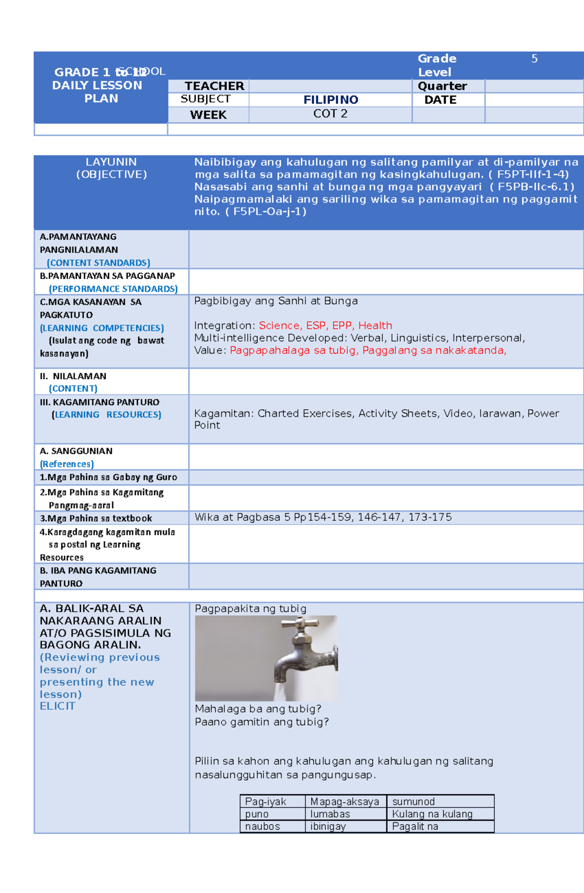 Filipino 5-COT - GRADE 1 to 12 DAILY LESSON PLAN SCHOOL Grade Level 5 ...