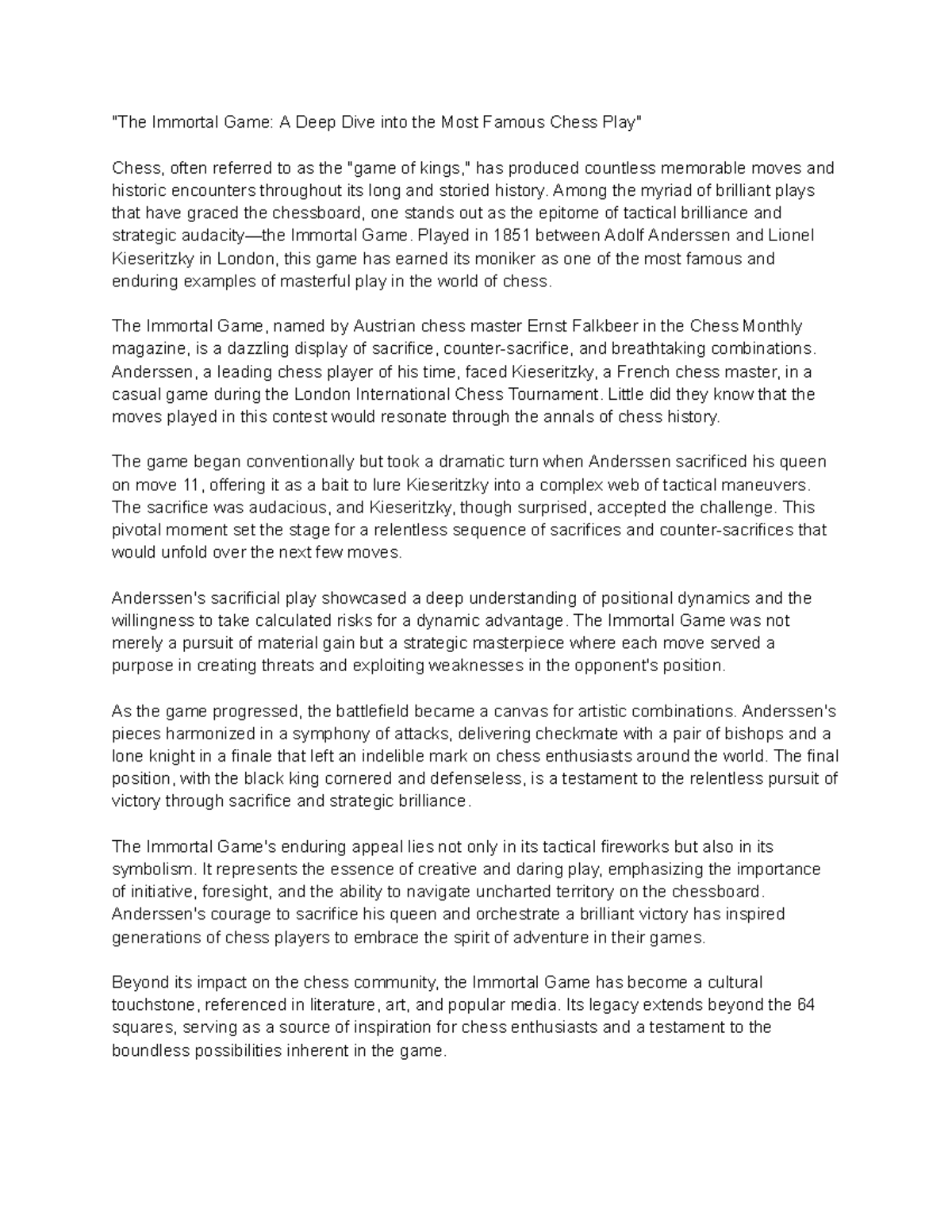 The Immortal Game A Deep Dive into the Most Famous Chess Play - "The ...