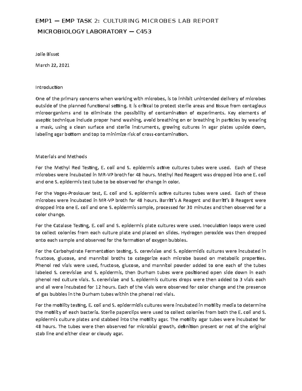 Microbiology C453 Task 2 Passed - EMP1 — EMP TASK 2: CULTURING MICROBES ...