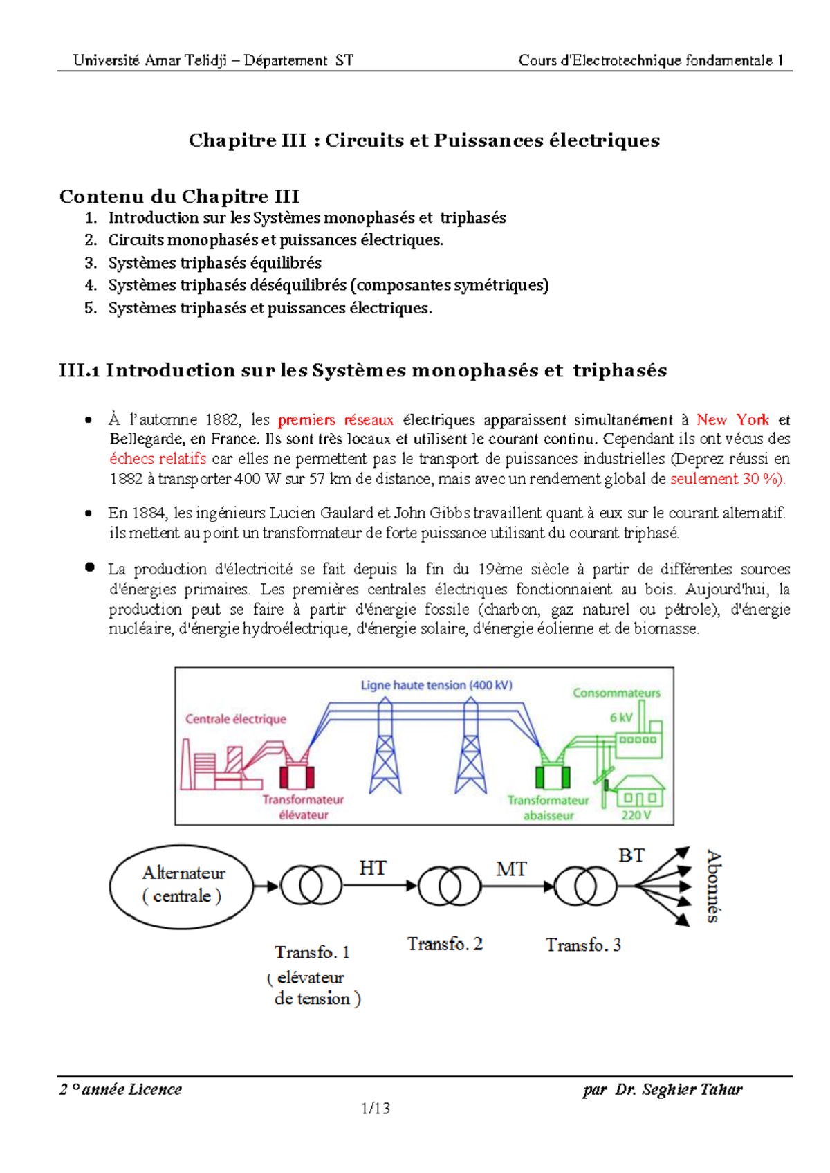 Chapitre 3 -Circuits et puissances électriques - 2 ° année Licence par Dr. Seghier Tahar ...