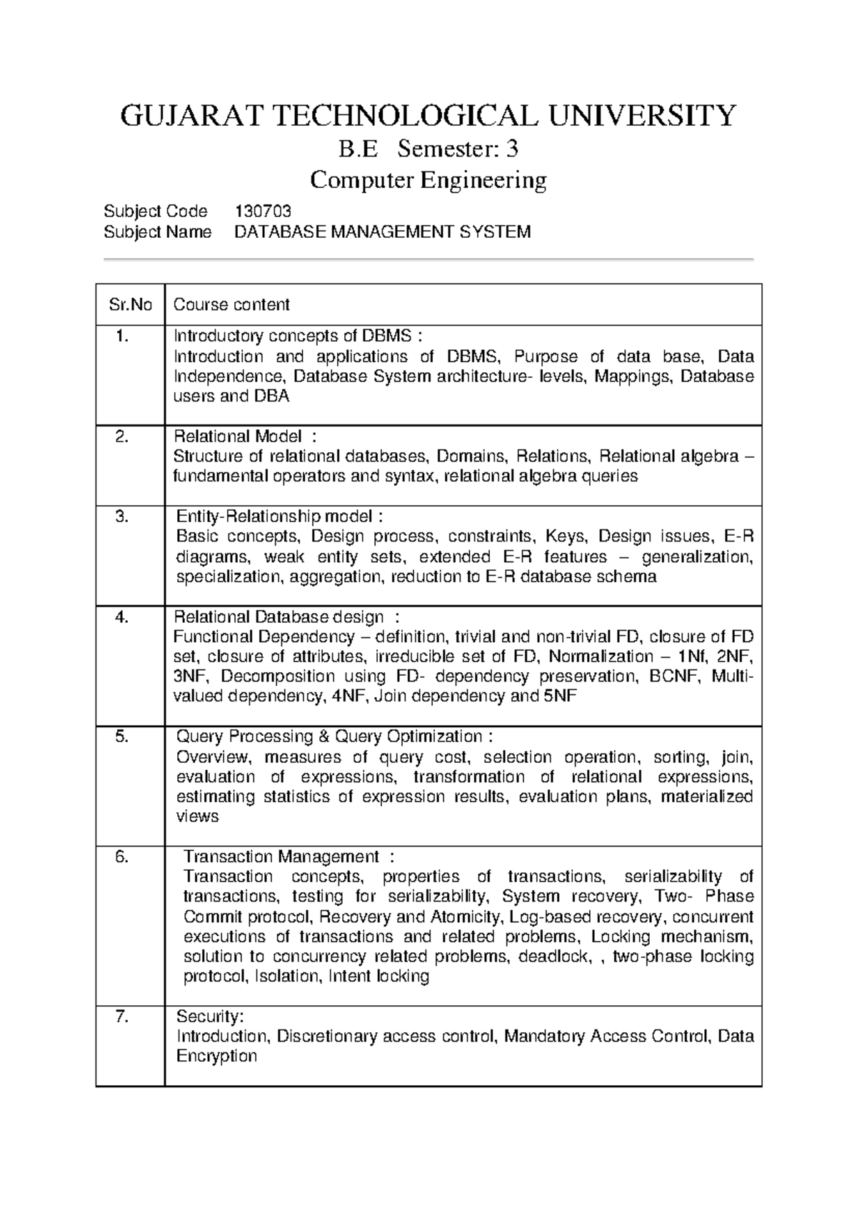 Database Management System - GUJARAT TECHNOLOGICAL UNIVERSITY B Semester: 3 Computer Engineering ...