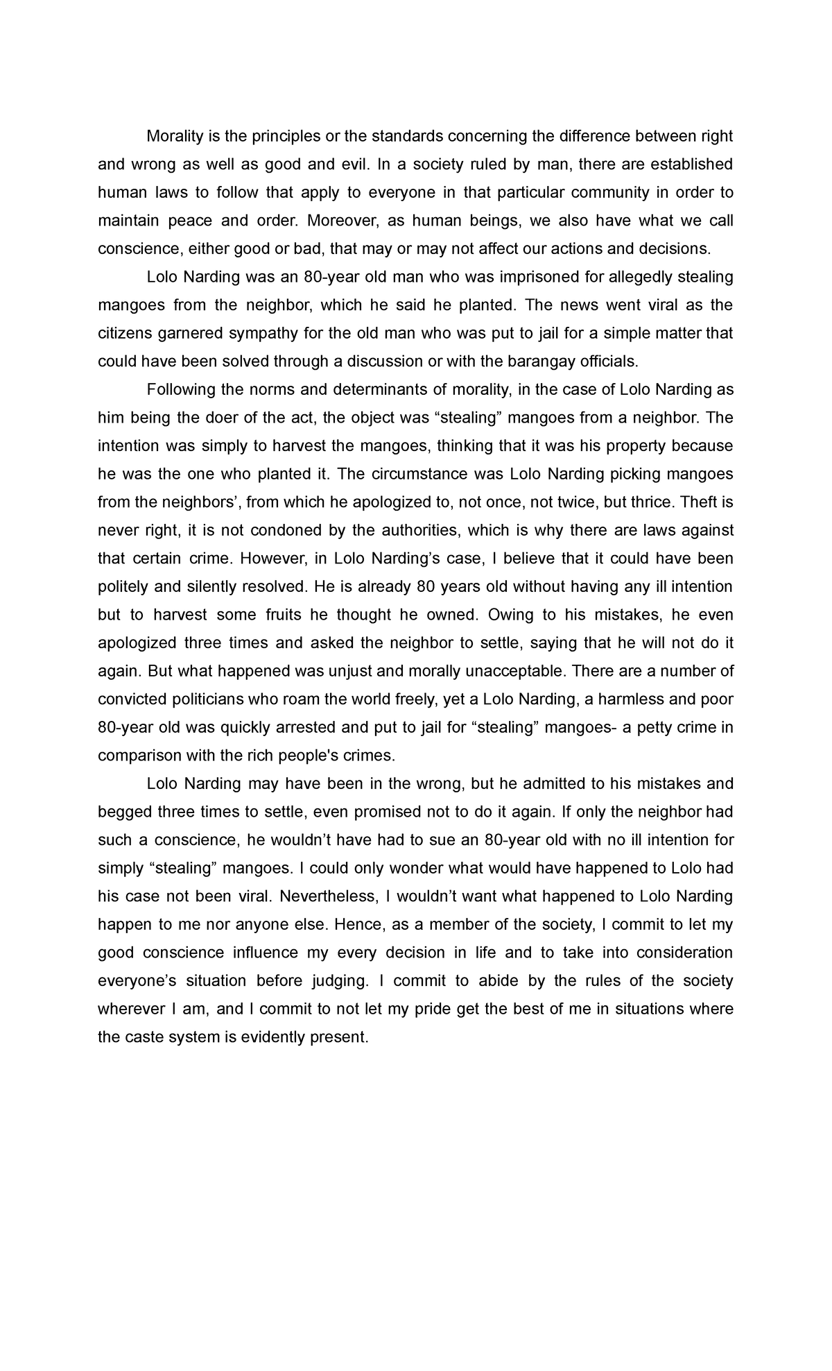 Lolo Narding Case Analysis - Morality is the principles or the ...