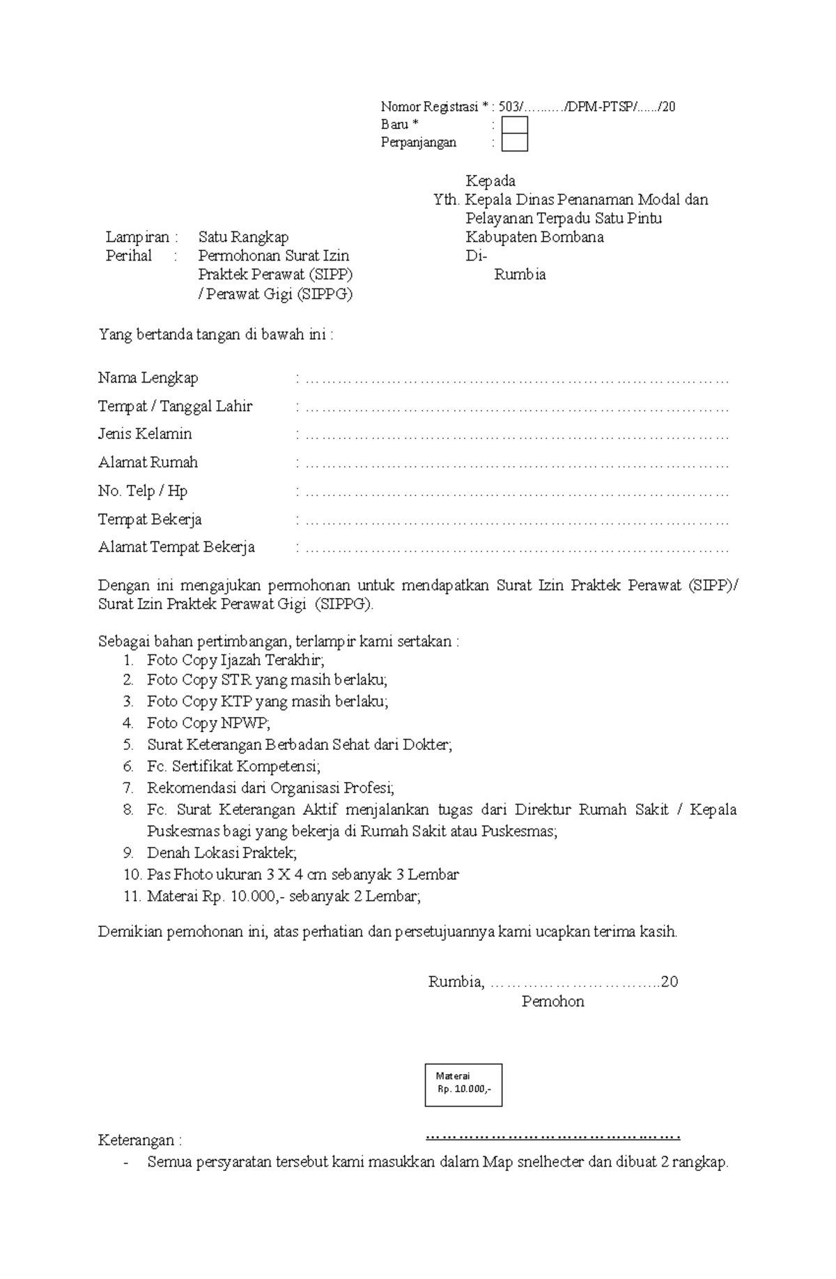 Formulir Permohonan IZIN Praktek Perawat - Nomor Registrasi * : 503 ...
