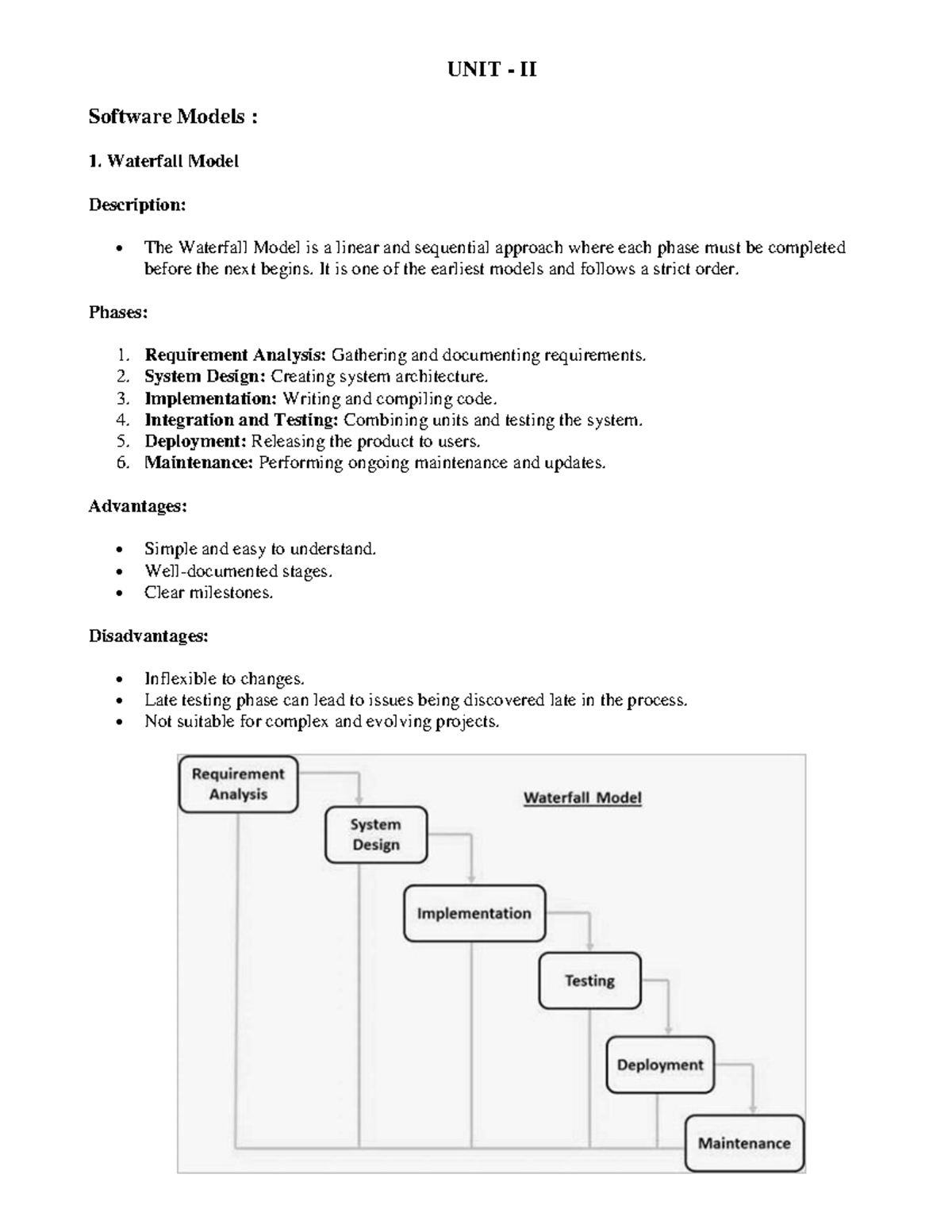 UNIT 2 Devops - UNIT - II Software Models : 1. Waterfall Model Description: The Waterfall Model ...