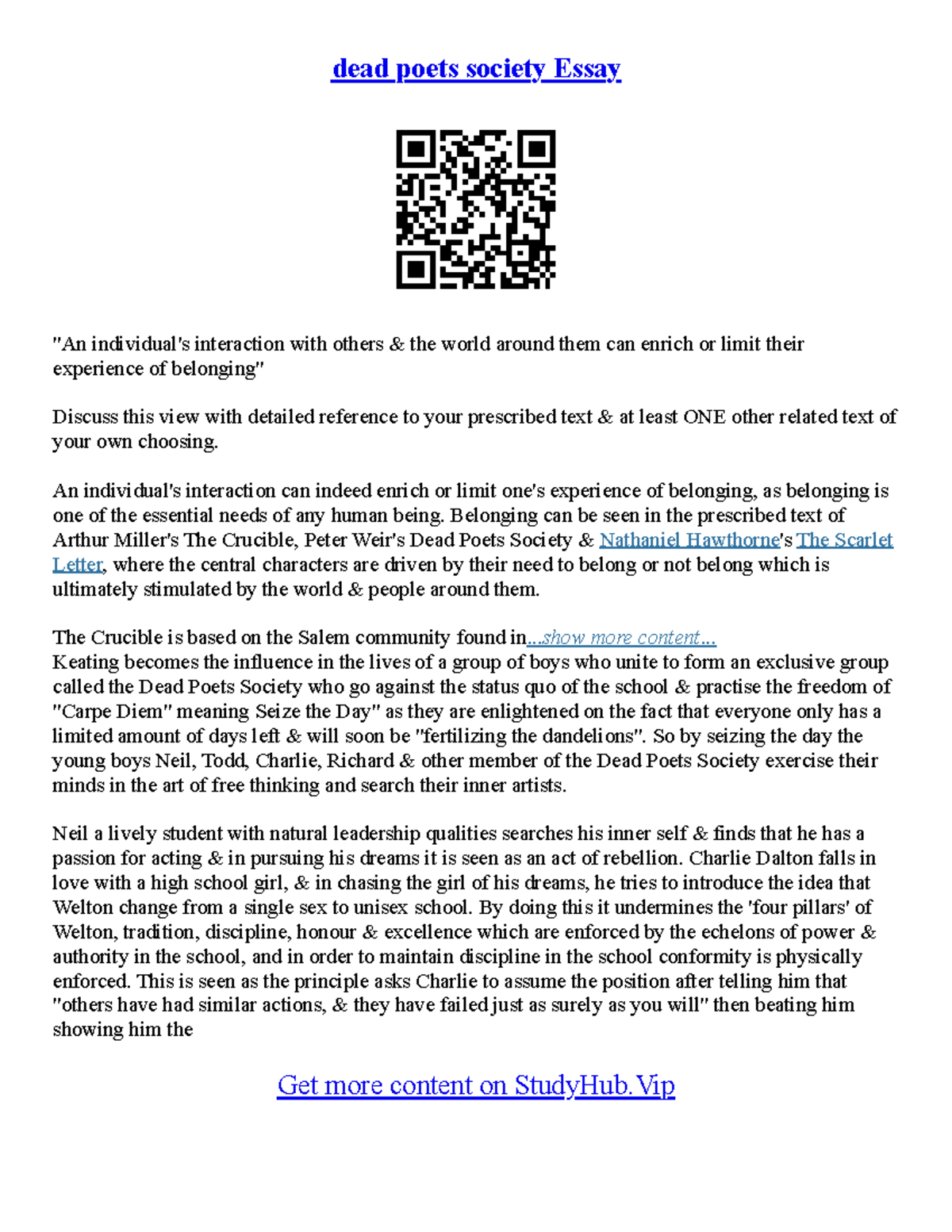 Dead Poets Society Essays - dead poets society Essay "An individual's ...