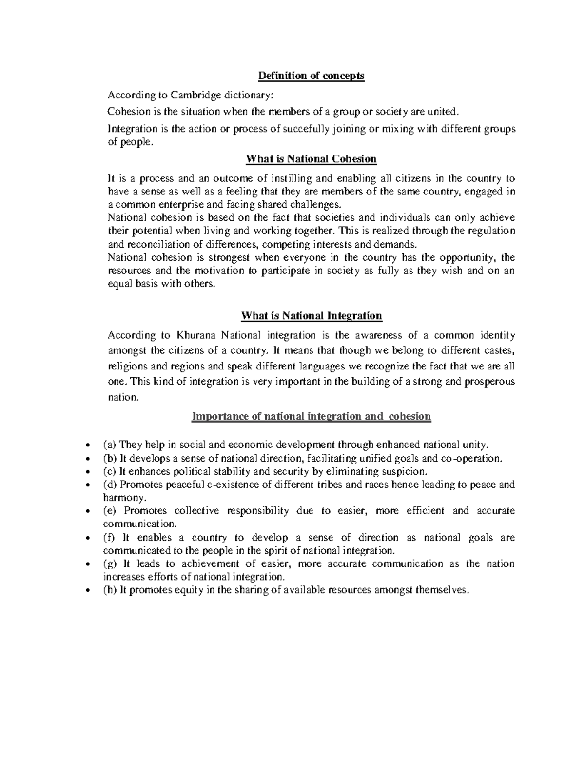 National Cohesion AND Integrity 1 - Definition of concepts According to ...