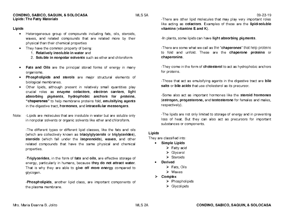 MLS 5A Lesson 10 Lipids The Fatty Materials - Warning: TT: undefined function: 32 Lipids: The ...