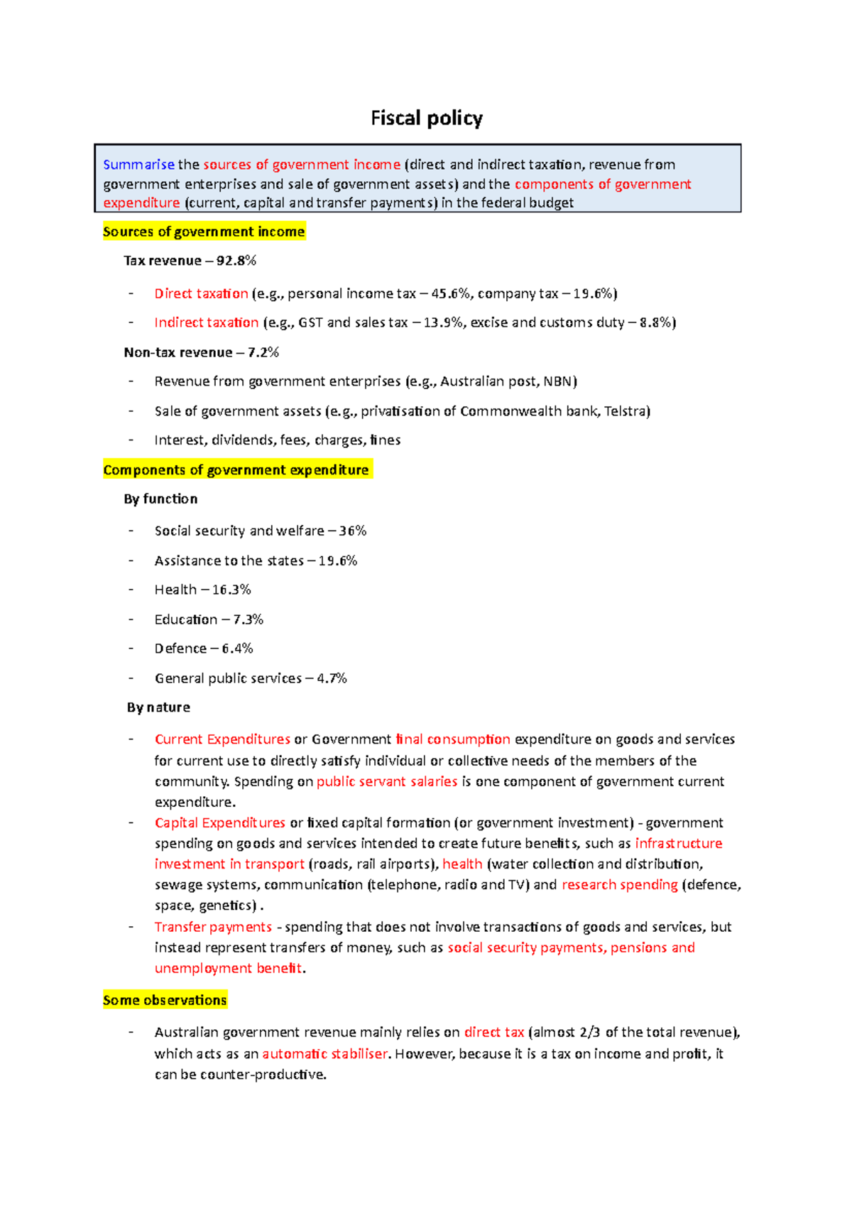 1. Fiscal policy - Revision - Fiscal policy Summarise the sources of ...