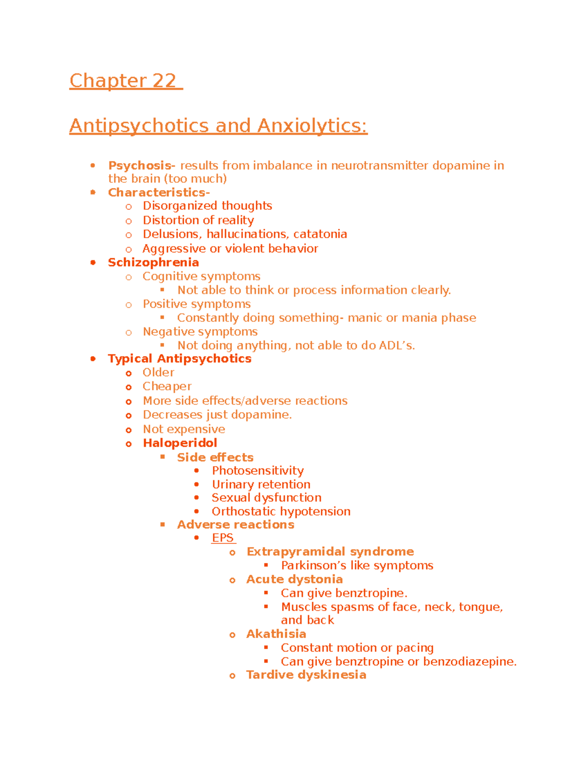 Chapter 22 - lecture outline - Chapter 22 Antipsychotics and Anxiolytics: Psychosis- results ...