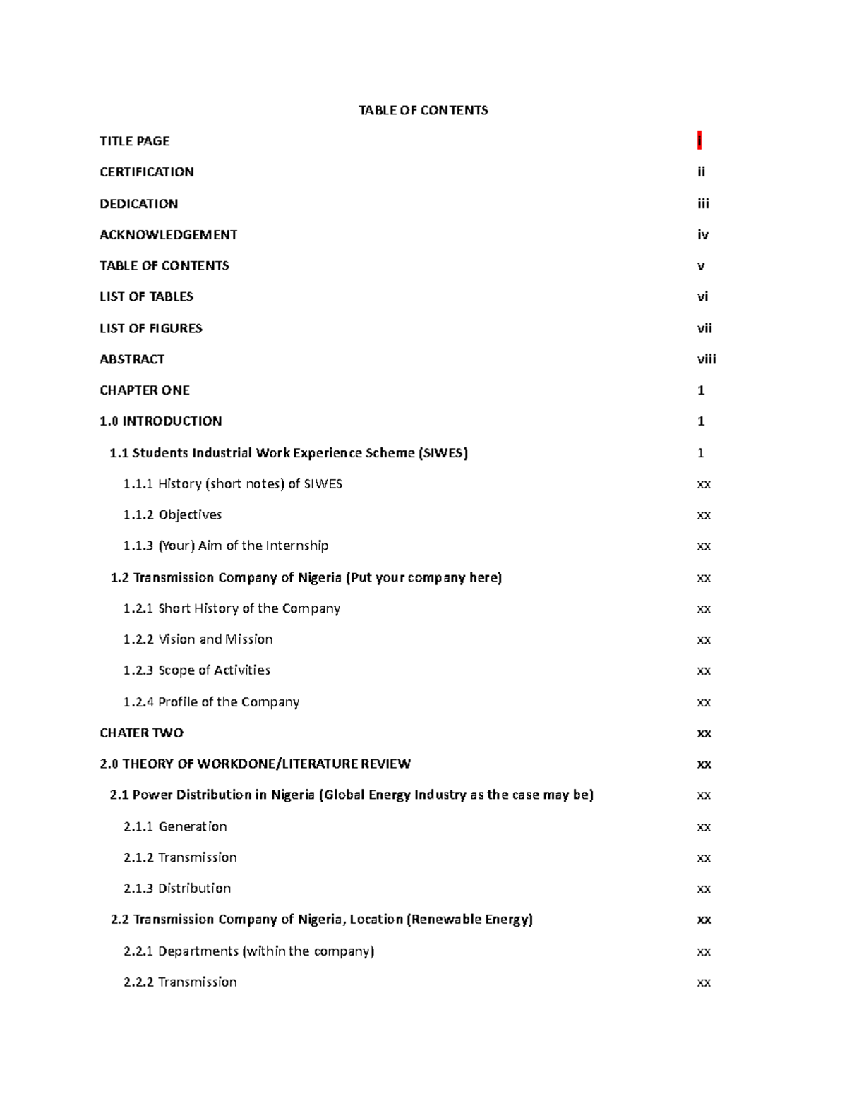 SIWES - SWEP Report Format - TABLE OF CONTENTS TITLE PAGE i ...