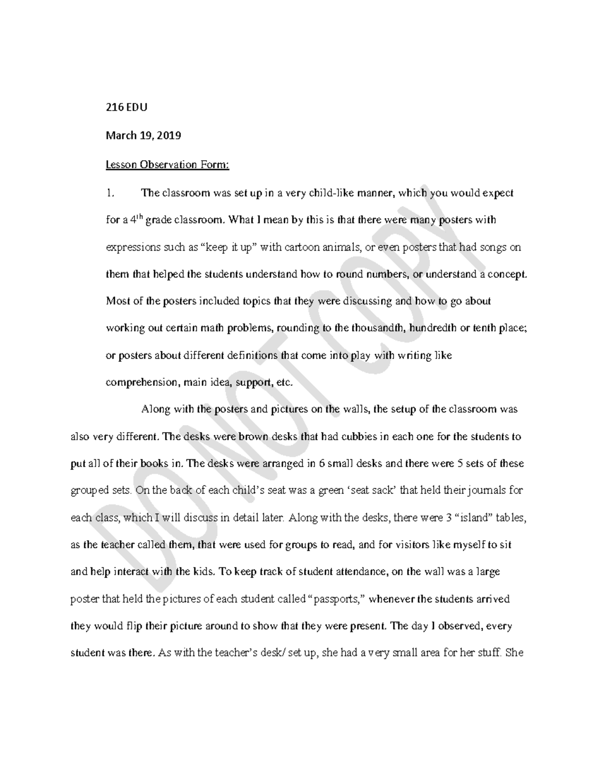 Classroom Observation Report-Student Sample 2 - 216 EDU March 19, 2019 ...